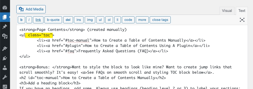 How To Add A Table Of Contents In Classic WordPress Editor